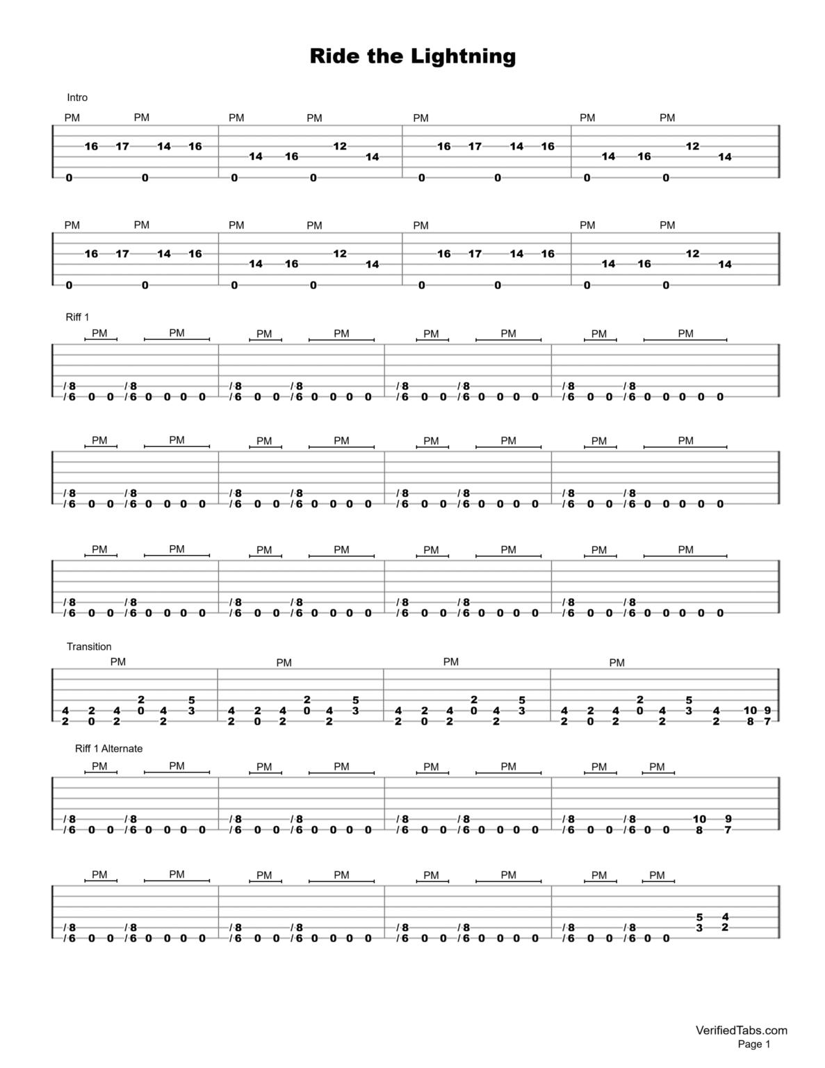Ride the Lightning Guitar Tab by Metallica - Verified Tabs